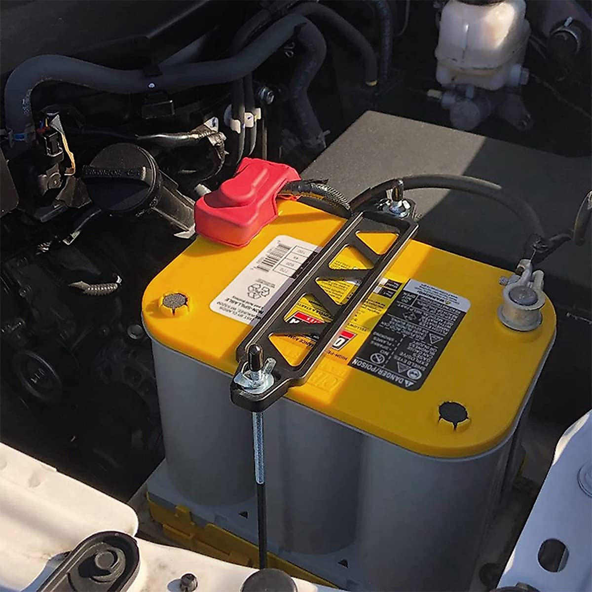 BESULEN Battery Hold Down Sets, Billet Aluminum Battery Tie Down Mount Bracket With Stainless Steel J Bolts, Universal 8" Triangular Five-Hole Car Battery Holder Kit For SUV, RV (Black)