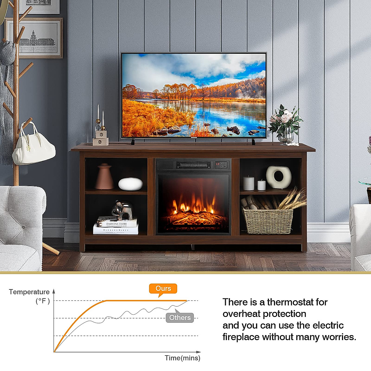 Electric Fireplace TV Stand for 65 Inch TV, 58 Inch Farmhouse Entertainment Center with 18" Fireplace, 6H Timer & Remote Control, 4 Storage Cabinet, Brown