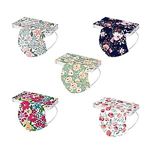 50 Pack Adults Floral Disposable Face Masks with Design, 3 Ply Protective Breathable Women Men Flower FaceMask with Nose Wire (Floral #14)