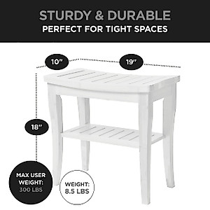 Bamboo Shower Bench Spa Stool - Wood 2-Tier Seat, Foot Rest Shaving Stool with Non-Slip Feet + Storage Shelf - Seat or Organizer for Bathroom, Living Room, Bedroom and Garden Décor (White)