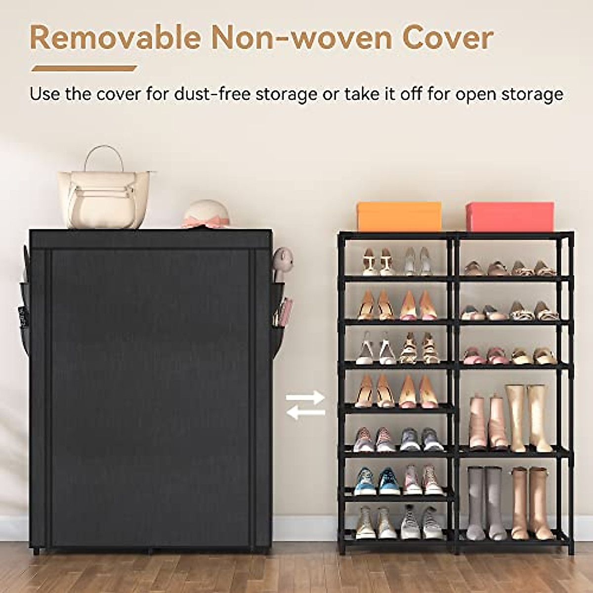 LANTEFUL Shoe Rack with Covers, 8 Tier Shoe Rack Organizer for Closet Entryway Garage, Metal Free Standing Shoe Storage Shelf Cabinet Holds up to 28-35 Pairs