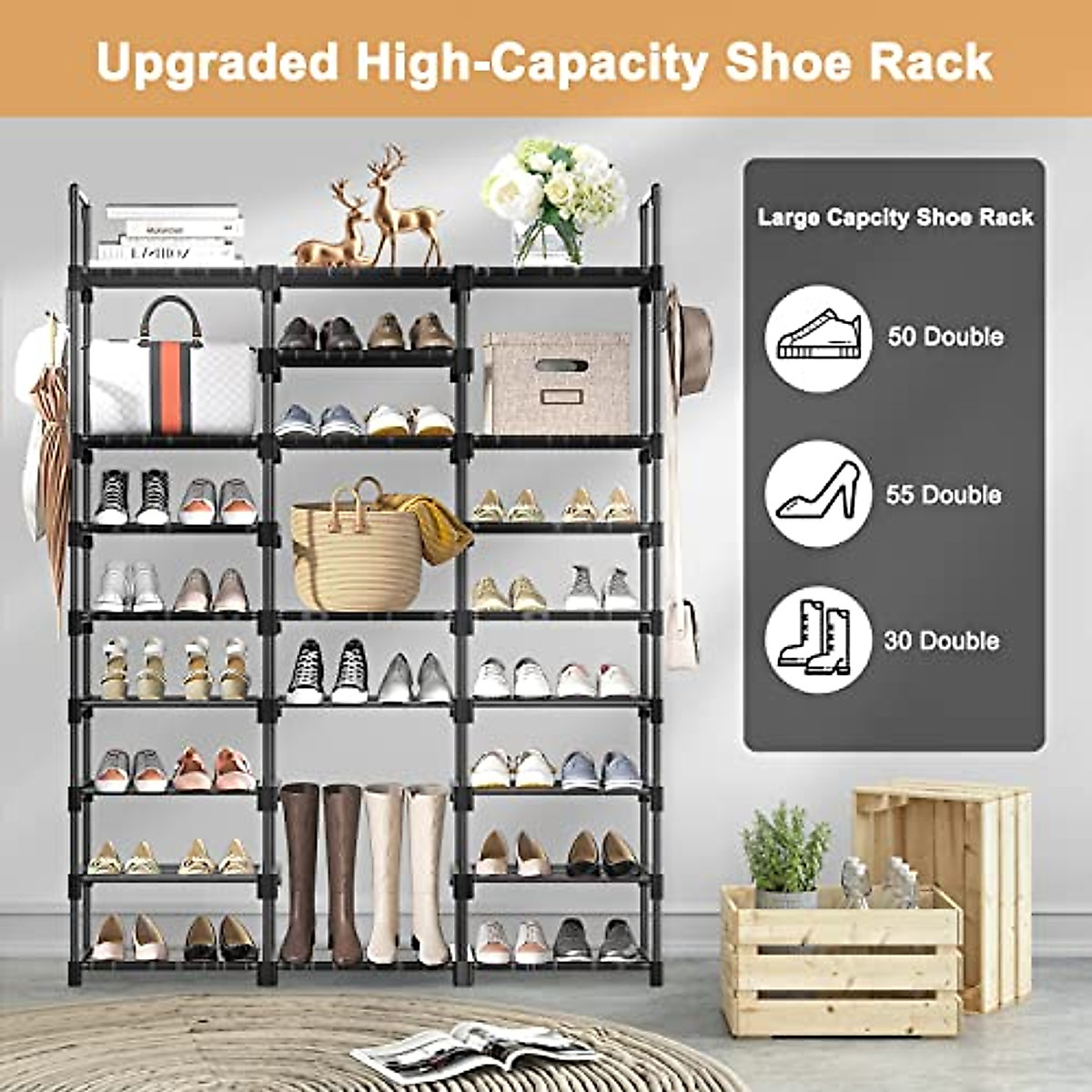 AILIXI 9 Tiers Shoe Rack Shoe Organizer, Metal Shoe Rack for Entryway, Large 50-55 Pairs Shoe Storage with Hooks, Multifunctional Shoe Organizer for Closet for Bedroom Cloakroom Hallway Garage