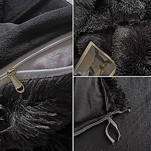 MR.FEATHER Duvet Cover Queen Size, Thickening Winter Fluffy Luxury Plush Shaggy Duvet Cover Sets Velvet Bedding Comforter Bed Sets 3 Pieces (Black, Twin)