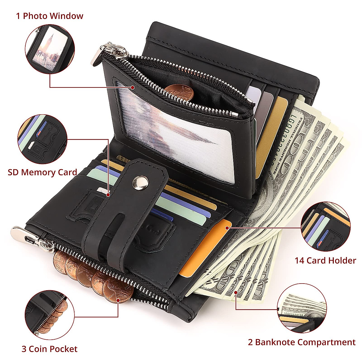 gzcz Mens Wallet with Chain RFID Blocking Genuine Leather Bifold Purse for Men with ID Window and Zip Coin Pocket, Black