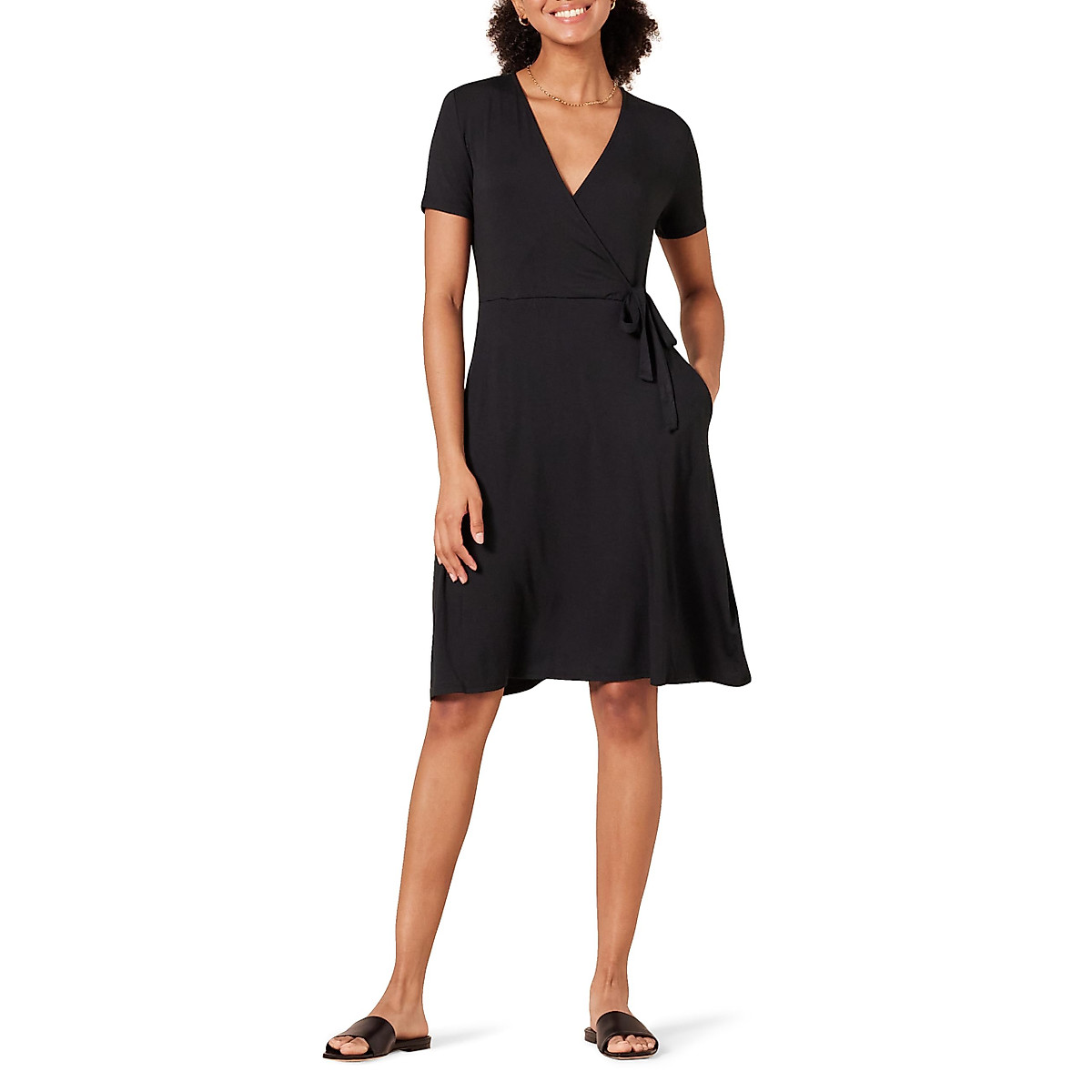 Amazon Essentials Women's Short Sleeve Faux-Wrap Dress, Black, X-Large