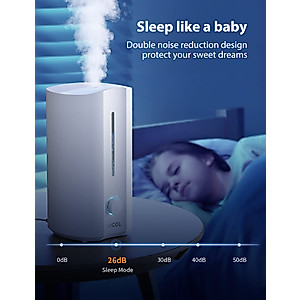 VYCOL Humidifiers for Bedrooms, 4L Ultrasonic Top Fill Cool Mist Humidifier for Large Room, Plants, Super Quiet, Lasts up to 65 Hours, Auto Shut-Off Air Vaporizer for Baby, Kids & Nursery White