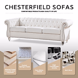 Vaztrlus White Velvet Couches for Living Room 3-Seater Chesterfield Sofa Tufted Sofa Furniture Couch Nailhead Upholstered Couches Minimalis Light Luxury Easy to Assemble