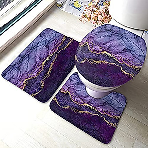 WONDERTIFY Digital Marbled Surface Bathroom Antiskid Pad Marbling Stone Texture Violet Blue Purple Marble Golden Veins 3 Pieces Bathroom Rugs Set, Bath Mat+Contour+Toilet Lid Cover