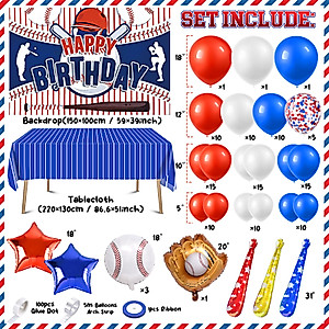 Winrayk 127Pcs Baseball Birthday Party Decorations Supplies Red White and Blue Baseball Balloon Arch Backdrop Tablecloth Star Glove Baseball Foil Balloon, Teen Kids Girls Boys Sports Party Decorations