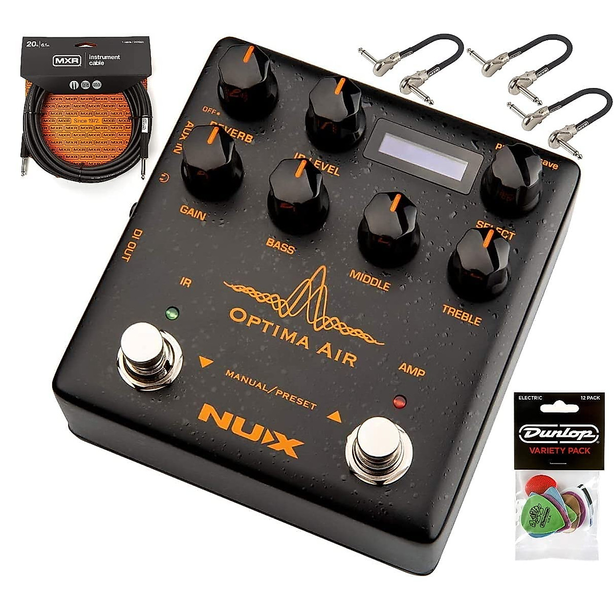 NUX Optima Air Acoustic Guitar Simulator Bundle with 3 MXR Patch Cables, 20ft MXR Instrument Cable, and Dunlop PVP113 Pick Pack