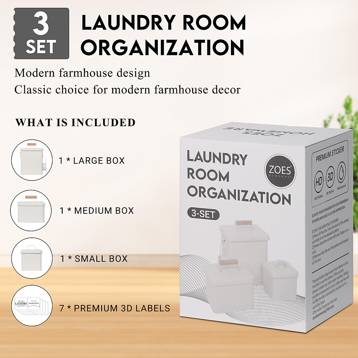 ZOES HOMEWARE 3-Set Laundry Room Organization and Storage | Modern Farmhouse Laundry Room Decor | Laundry Container for Organizing Laundry Pods, Laundry Powder, Dryer Sheets, Dryer Balls