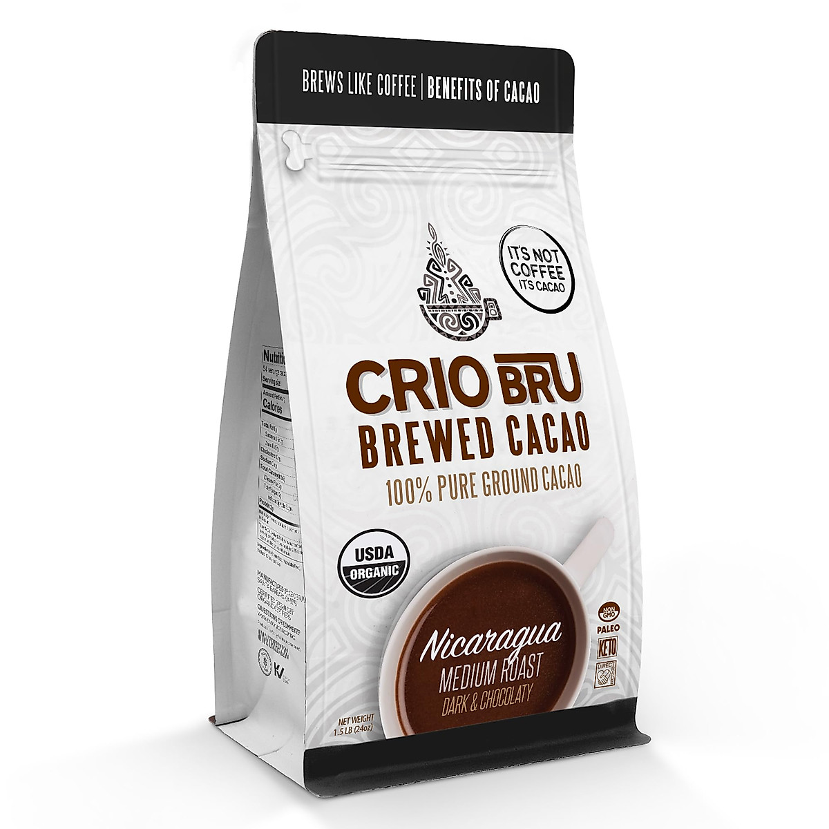 Crio Bru Brewed Cacao: Nicaragua Medium Roast 680g (24oz) Bag | 100% Pure Ground Cacao | Great Substitute to Herbal Tea and Coffee | Honest Energy | Keto Paleo Organic Non-GMO (680g (24oz))