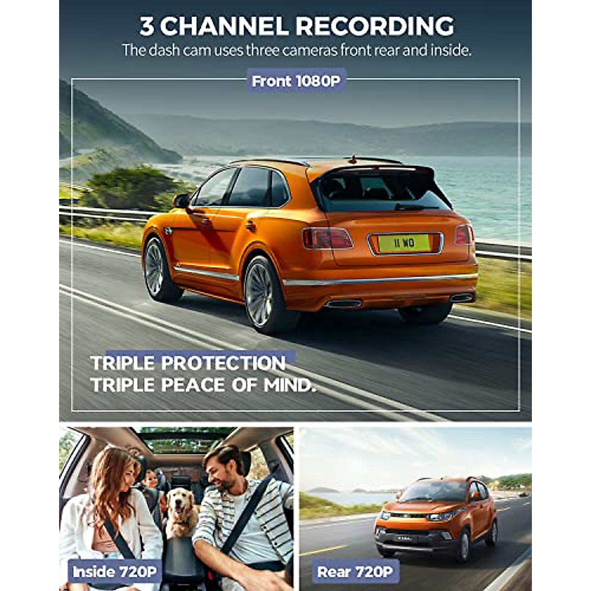 3 Channel 1080P Dash Cam Front and Rear Inside,32GB SD Card Included Three Way Triple Car Camera,IR Night Vision Dash Camera for Cars,Loop Recording, G-Sensor, Parking Monitor for Taxi