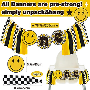 Therwen One Happy Dude High Chair Banner Lightning Smile Face First Birthday Banner One Happy Dude Birthday Decor Groovy Hippie Party Supplies for Kids 1st Birthday Baby Shower Photo Props (Cute)