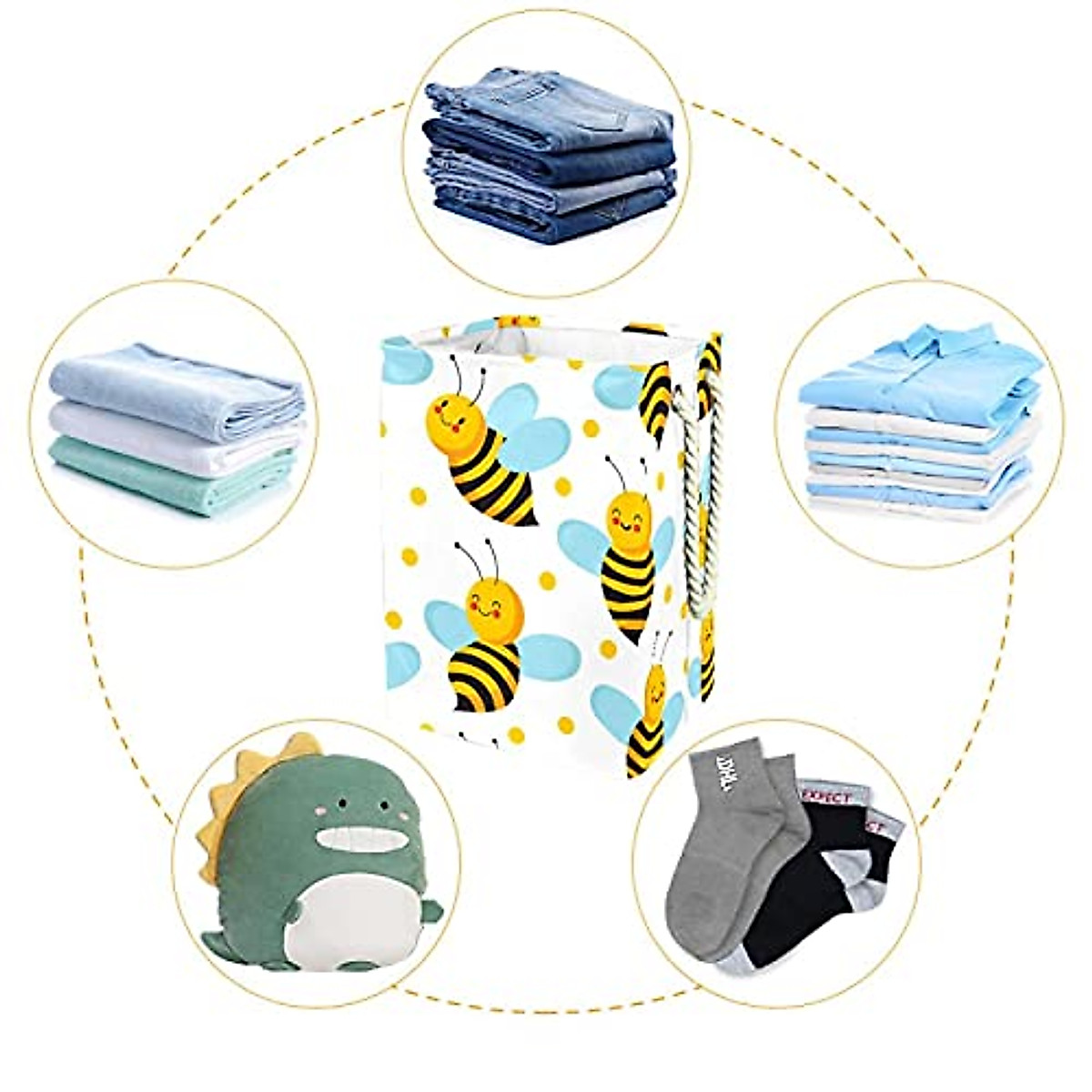 Cute Cartoon Funny Bee Laundry Basket Collapsible Rectangular Organizer Hamper For Unisex Adult, Teen Girls, Boys, Waterproof Storage Bins Kids Room