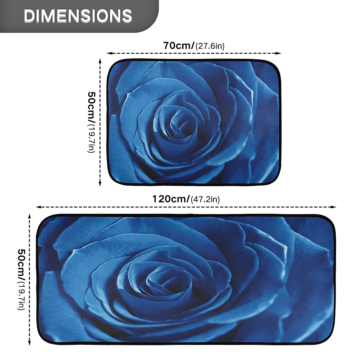 xigua 2 Pieces Elegant Blue Rose Kitchen Rugs and Mats Set Absorbent Soft Microfiber Bath Mat Non-Slip Doormat Laundry Runner Set, 19.7"x47.2"+19.7"x27.6"