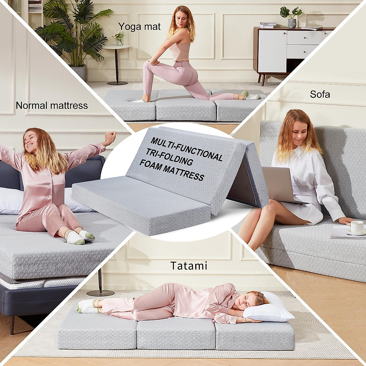 Twin Foldable Mattress,Tri-Fold Memory Foam 4 inch Folding Mattress with Carrying Case,Floor Mattress Sleeping Pad with Washable Cover Non-Slip Foam Camping Mat for Guest Napping,Twin Size,75"x38"x4"