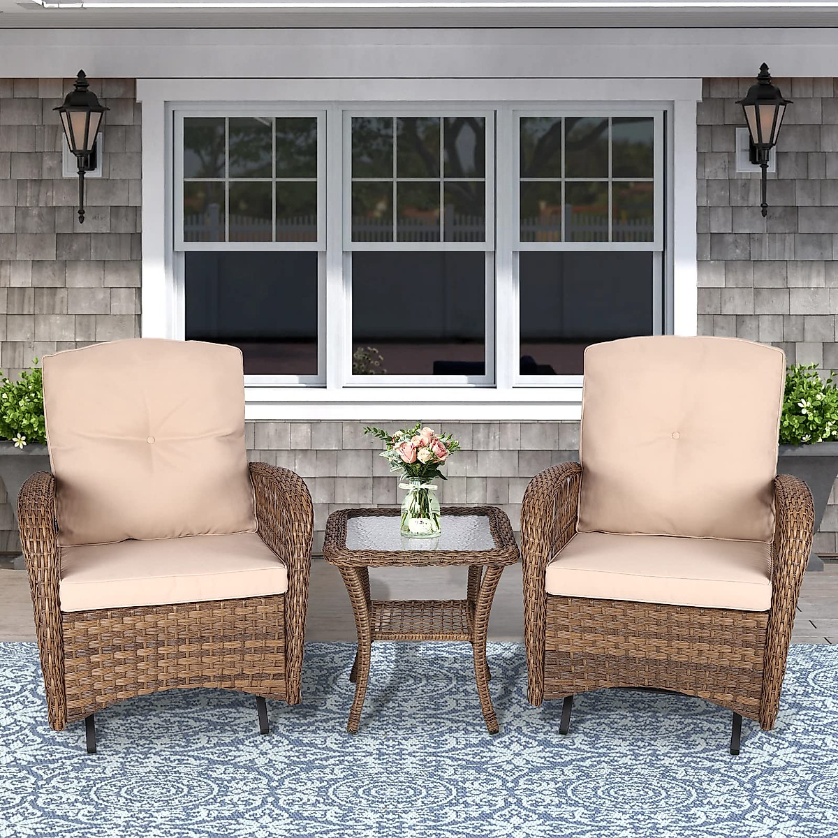 VIVIJASON 3-Piece Outdoor Patio Furniture Set, Outdoor Wicker Glider Rocking Chairs Rattan Conversation Bistro Sets w/ 2 Rattan Cushioned Chairs and Glass Top Side Table for Porch Backyard
