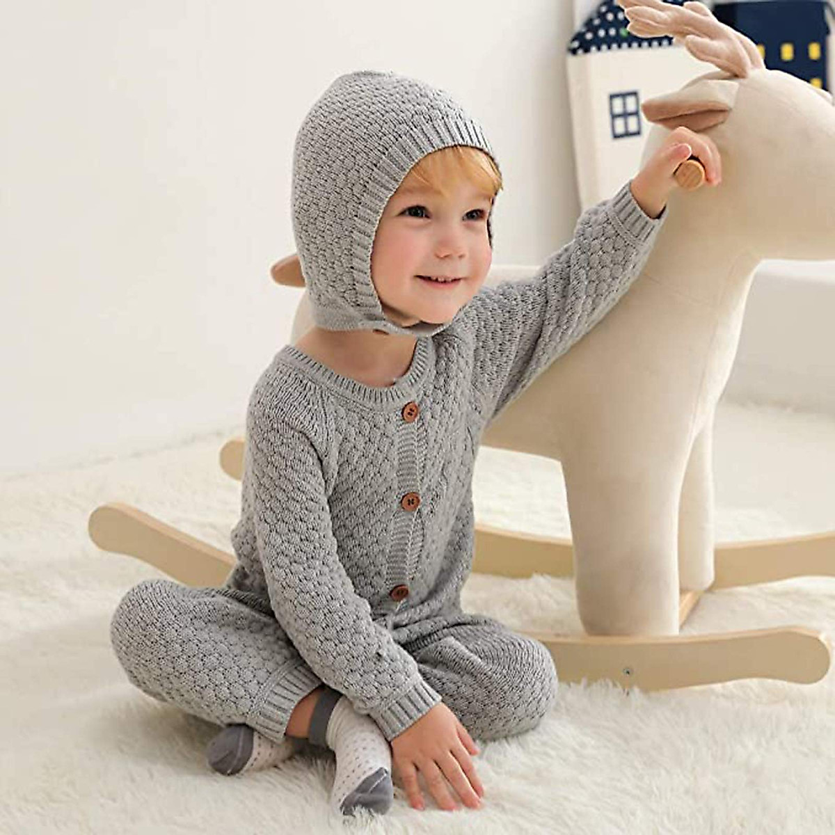 OLSCROM Baby Newborn Knitted Sweater Romper Longsleeve Outfit Cotton Jumpsuit with Warm Hat Set
