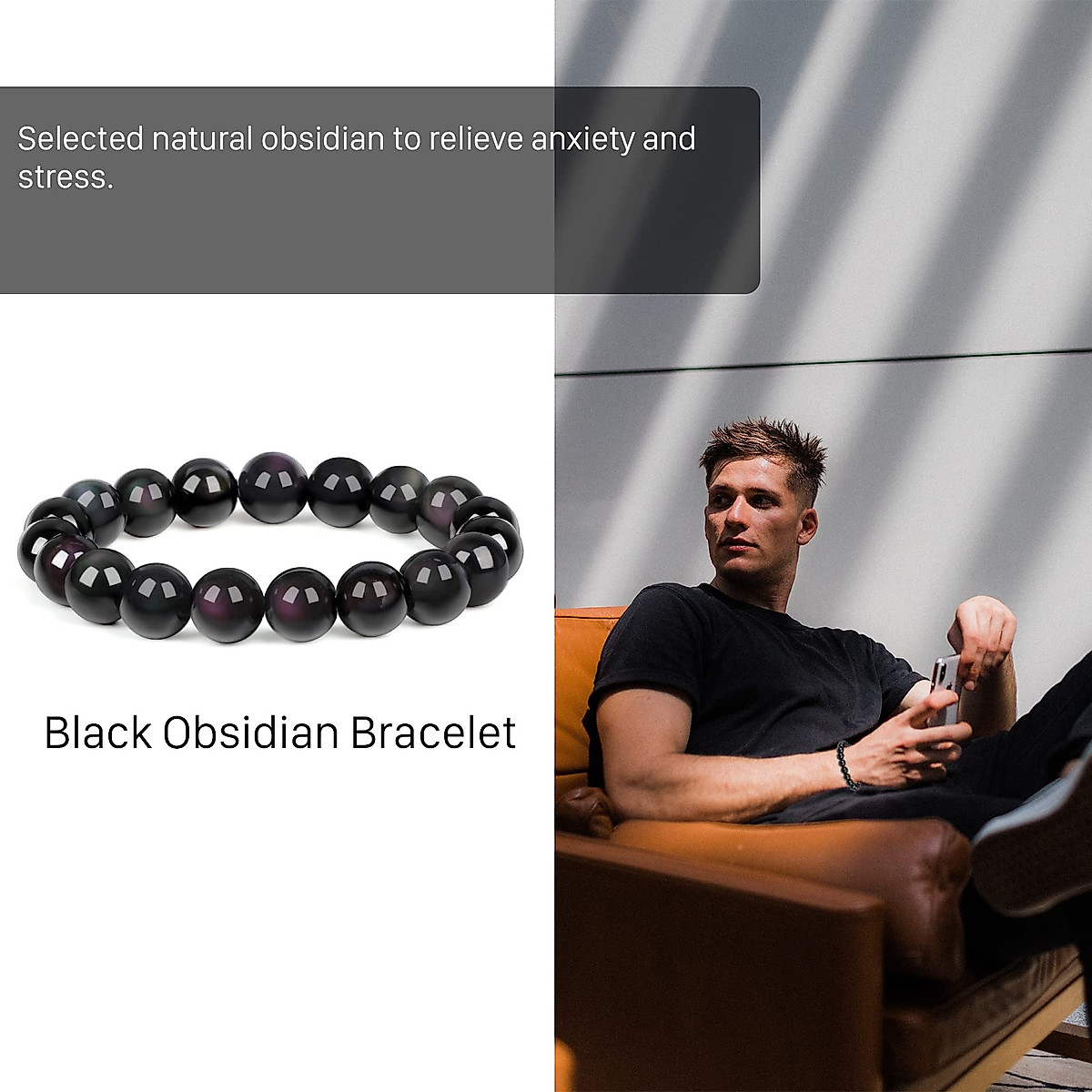 Black Obsidian Bracelet With Rainbow Luster Protection Bracelet for men women, Handmade Natural Gems Crystal Stone Black Bead Bracelet, Bring Happiness And Prosperity And Luck(Obsidian 12MM)