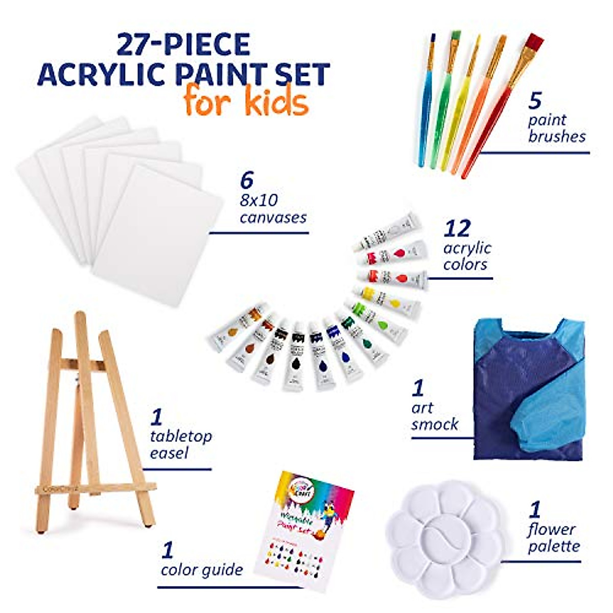 27-Piece Acrylic Paint Set for Kids - 100% Cotton Canvases, Wood Easel, Brushes, Waterproof Smock, Mixing Palette - Portable and Easy Storage