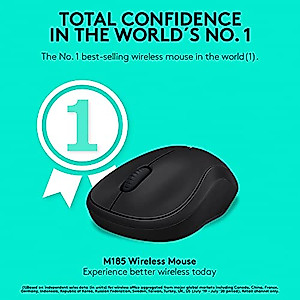 Logitech M185 Wireless Mouse, 2.4GHz with USB Mini Receiver, 12-Month Battery Life, 1000 DPI Optical Tracking, Ambidextrous, Compatible with PC, Mac, Laptop - Black
