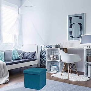 Sorbus Storage Ottoman Foot Rest Cube– Small Folding Ottoman Bedroom Bench Chest 15 Inch Toy Box Coffee Table, Shoe Storage, Foot Stool, Pouf Storage Ottoman, Seat, Suede Velvet Fabric - Teal Blue