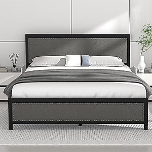 VECELO Queen Size Bed Frame with Linen Fabric Headboard and Footboard, Heavy-Duty Platform with Strong Steel Slats, No Box Spring Needed, Easy Assembly, Grey