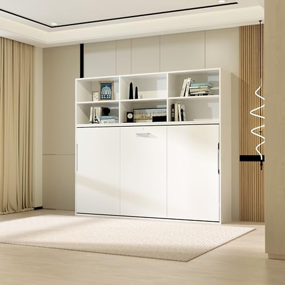 Murphy Bed Twin, Horizontal Twin Size Murphy Bed Cabinet, Wall Bed with Self and Drawers, Wood Hideaway Folding Hidden Beds for Platform Bedroom, Guest Room, Studio or Home Office, White