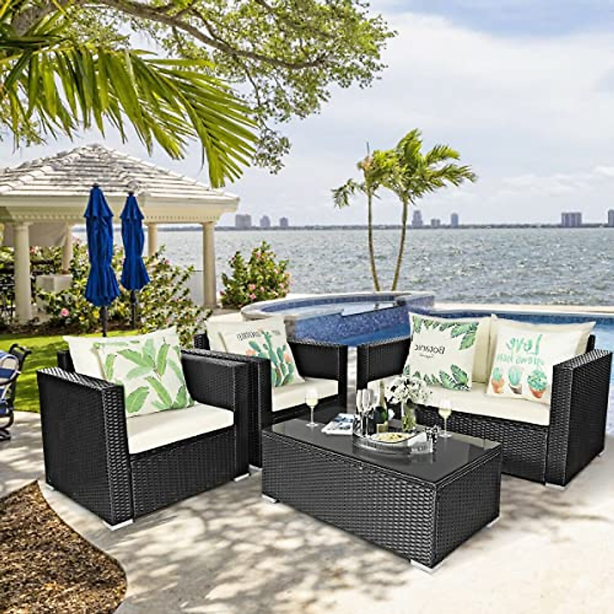 LUKEO 4PCS Patio Rattan Furniture Set Cushioned Sofa Chair Coffee Table Excellent Appearance in Classic and Style