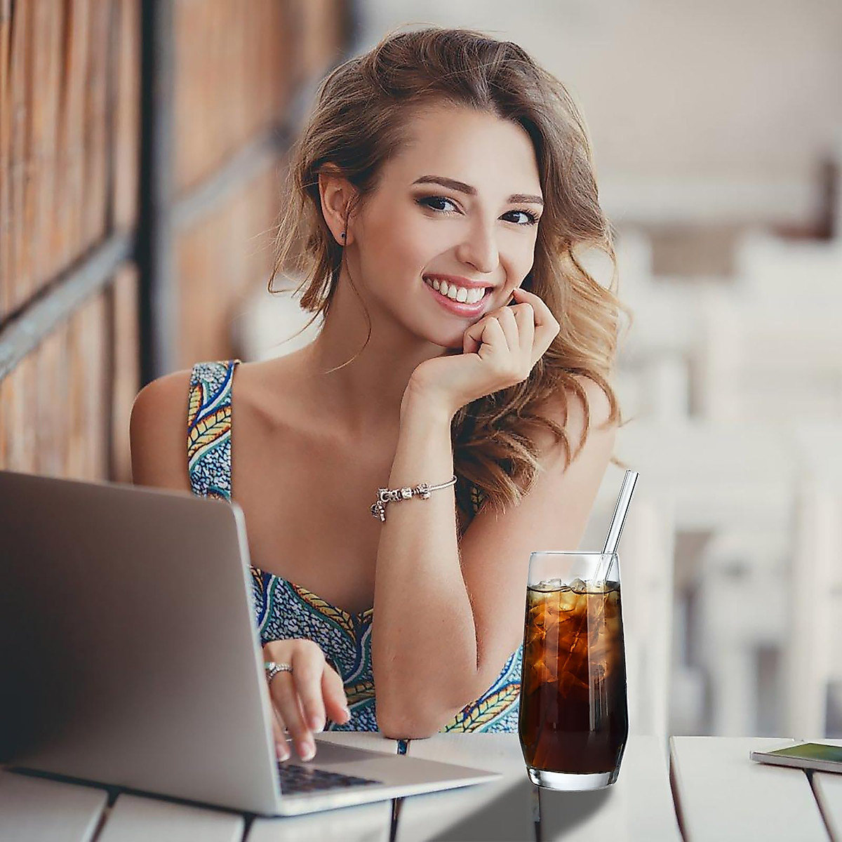 ALINK Drinking Glasses with Glass Straws Set of 6, 18 oz Tall Highball Glass Cups, Lead-Free Crystal Water Glasses, Iced Coffee Tea Cocktail Mojito Glass Cups, Tom Collins Bar Glassware
