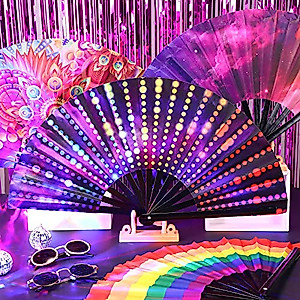 4 Pieces Rave Hand Fan Large Folding Fans Craft Hand Fans for Women Holographic Rainbow Hand Fan Performance Hand Fan with Bamboo Ribs Nylon Cloth Folding Dance Fan with Chinese Style Fan Bags Present