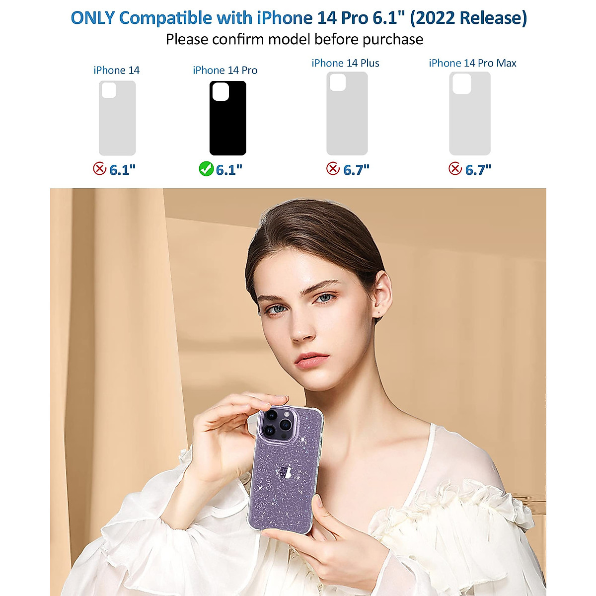 MIODIK for iPhone 14 Pro Case with Screen Protector + Camera Lens Protector, [Non-Yellowing] Clear Glitter Phone Case, Shockproof Protective Women Cute Bumper Cover for 6.1 Inch - Sparkle Clear