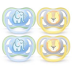 Philips AVENT Ultra Air Pacifier, 0-6 Months, Elephant,Lion, 4 Pack, SCF085/07