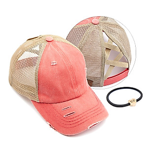 C.C Exclusives Washed Distressed Cotton Denim Criss-Cross Ponytail Hat Baseball Cap Bundle Hair Tie (BT-780)(BT-791) (A Elastic Band-Coral)