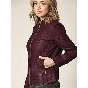 Lock and Love LL WJC746 Womens Vegan Faux Leather Motorcycle Jacket L Wine