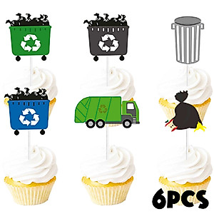 Green Glitter Garbage Truck One Cake Topper and 6PCS Dessert Cupcake Trash Cans Truck Waste Management Recycling Theme Decor Supplies Boys Girls Happy Birthday Party Decorations Set
