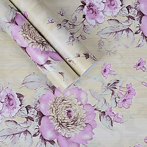 PoetryHome Self Adhesive Vinyl Purple Peony Contact Paper Shelf Liner Cabinets Dresser Drawer Liner Peel and Stick Vintage Floral Wallpaper Roll 17.7x117 Inches
