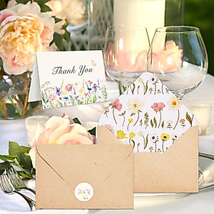 HRFGWDD Floral Thank You Cards With Envelopes 50 Pack, Wildflower Thank You Cards 4"x6", Thank You Notes With Envelopes And Stickers Set for Wedding, Bridal Showers, Baby Showers, Thanksgiving Party