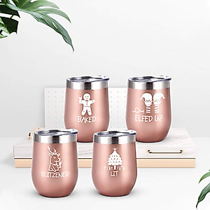 GINGPROUS Christmas Funny Wine Tumbler Set, 12 Oz Stainless Steel Wine Tumbler for Women Friends Men, Gift Idea for Christmas Xmas Wedding Party, Set of 4, Rose Gold