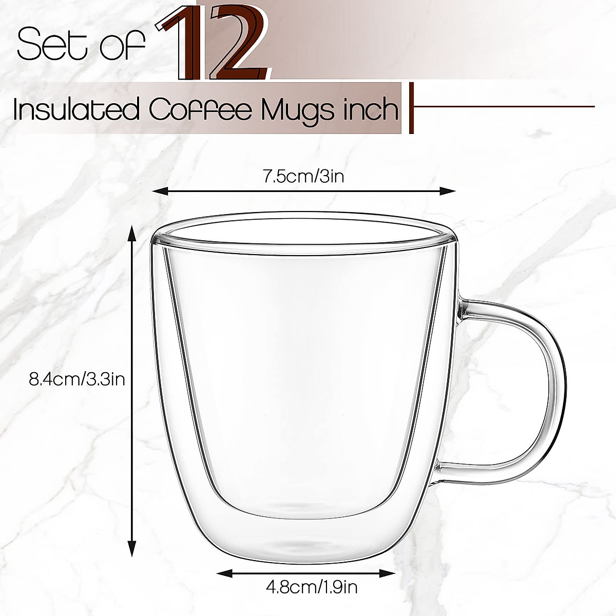 Eccliy 12 Pcs Espresso Cups, 5 oz 160ml Double Wall Insulated Glasses Cappuccino Glass Mugs Clear Coffee Mug Demitasse Cups for Espresso Shot Tea Juice Cappuccino Latte Borosilicate Glassware