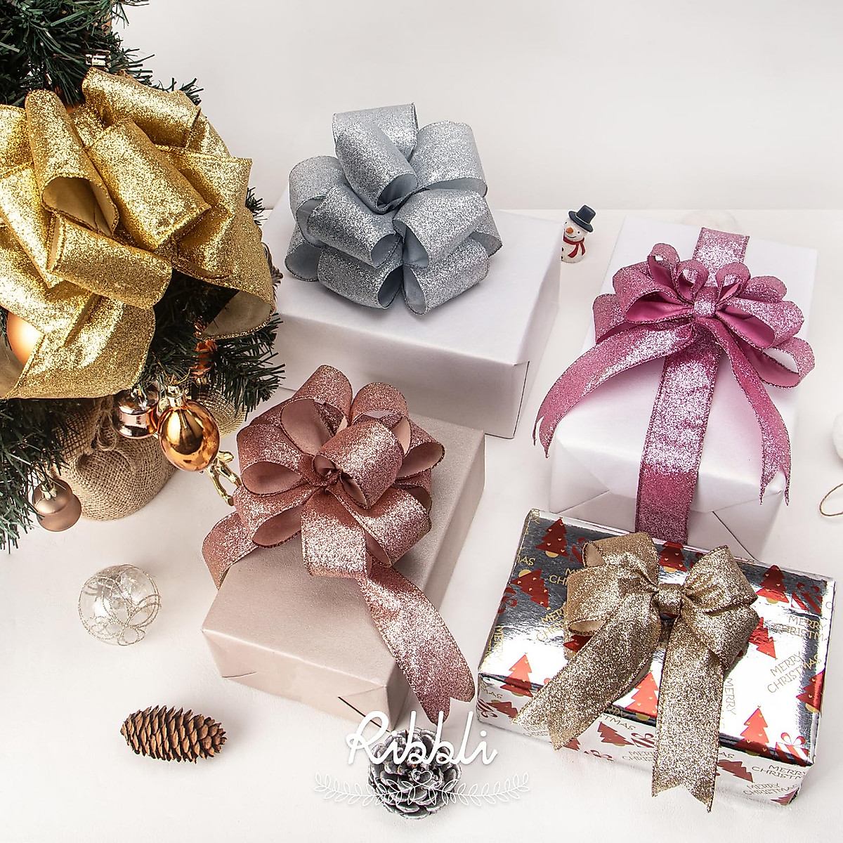 Ribbli Rose Gold Glitter Wired Ribbon,Rose Gold Ribbon with Metallic Edge,Christmas Ribbon for Wreath, ChritmasTree Decoration, Gift Wrapping,Home Decor, 2-1/2 Inch x 10 Yards