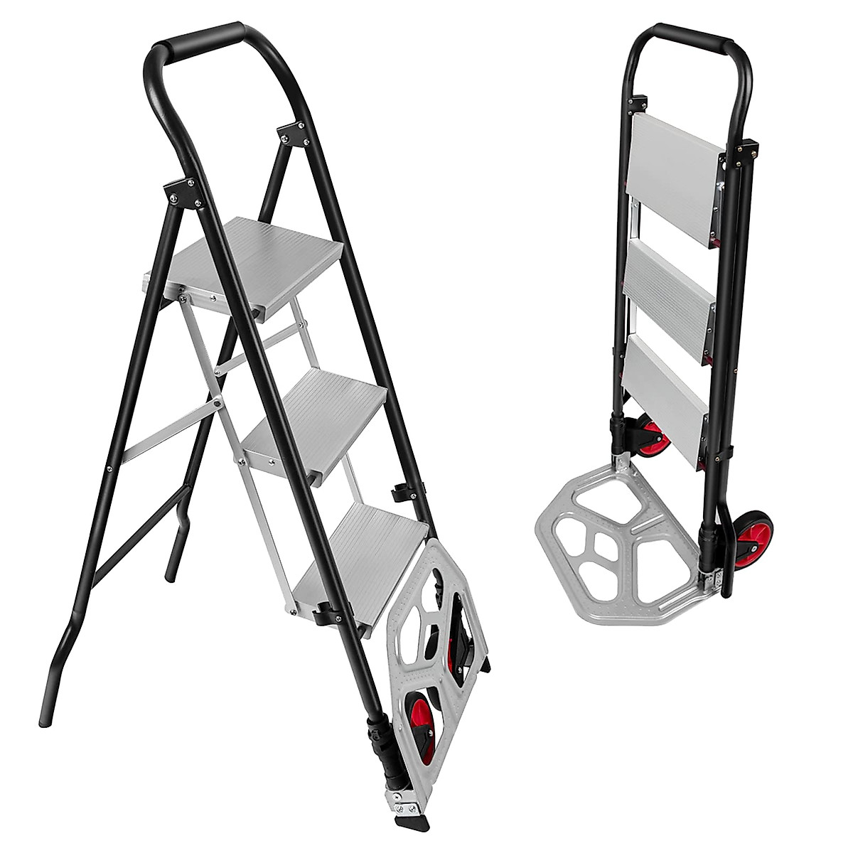 2 in 1 Aluminum Hand Truck & Ladder 3 Step Ladder Step Stool for Adults with Wide Anti-Slip Pedal and 6’’ Rubber Wheels 330lbs Capacity Sturdy Steel Ladder Portable Steel Step Stool Dolly