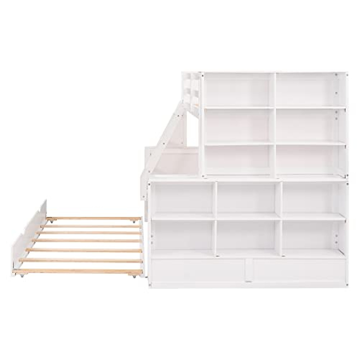 DEYOBED Twin Over Full Wooden Bunk Bed with Trundle and Shelves - Designed for Kids, Teens, and Adults, Enhancing Space and Organization in Bedrooms