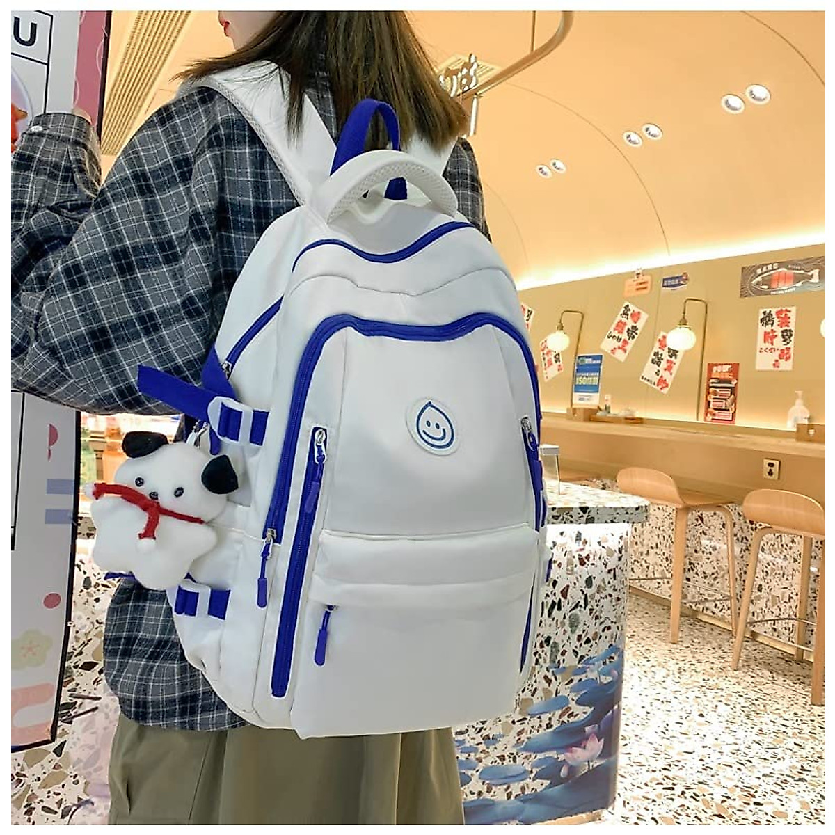 KFTHKOR Kawaii Backpack,Girl Backpack With,Junior Backpack,Middle School Student Schoolbag (White Blue)