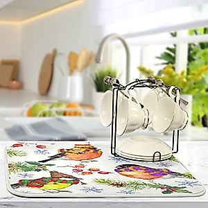 Cute Birds Winter Watercolor Dish Drying Mat 16"x18" Absorbent Machine Washable Hanging Fast Dry Pad Dish Protective Mat for Kitchen Countertop Heat Resistant Dinner Table Mat