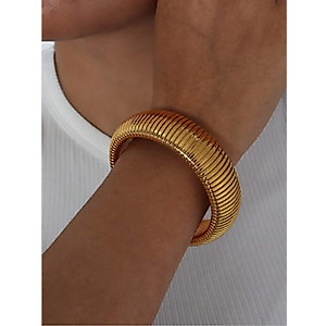 CONRAN KREMIX Gold Chunky Bangle Stretch Bracelets For Women 14K Real Gold Filled Stainless Steel Cuff Bracelet Non Tarnish Trendy Jewelry 20MM Width,8 Inches