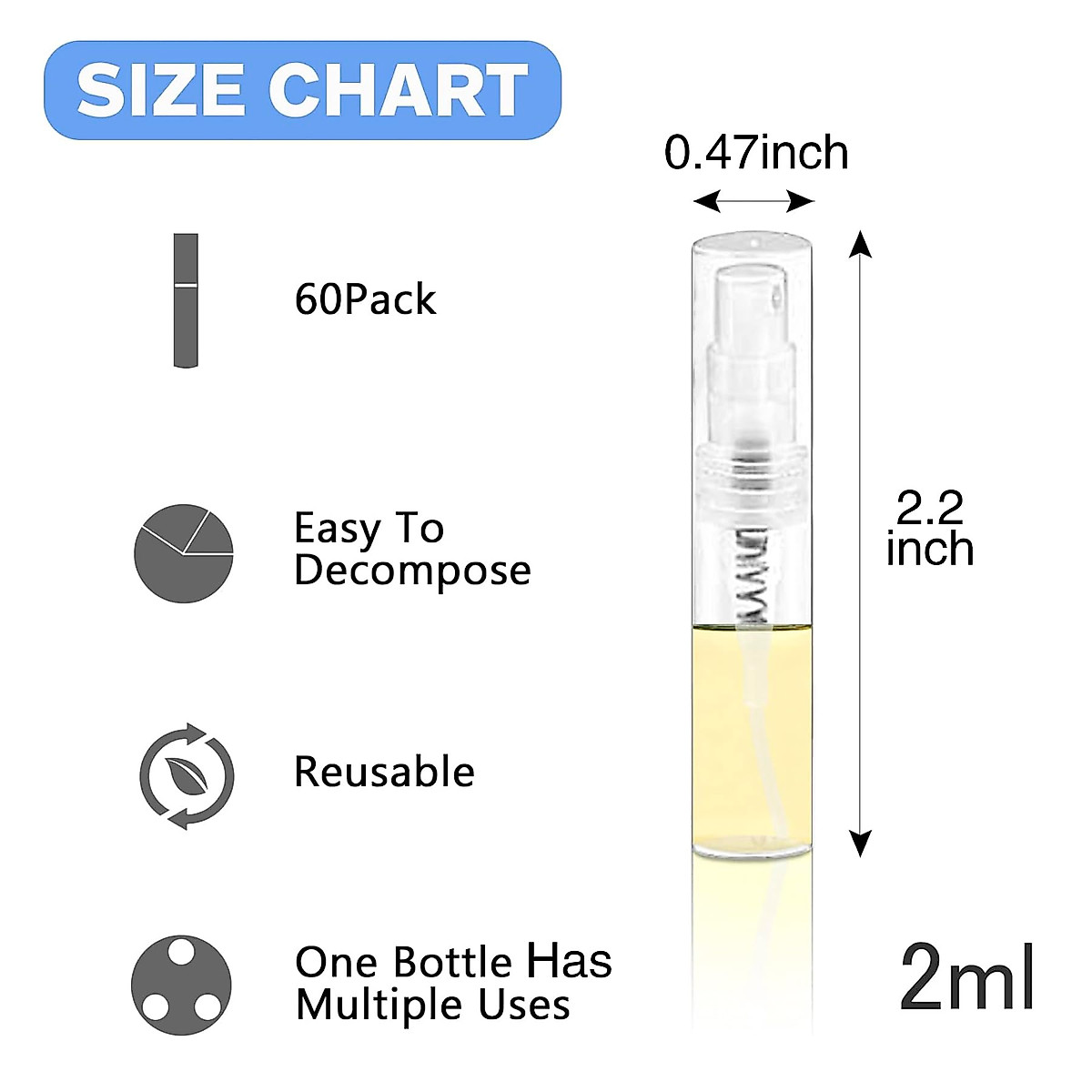Csdtylh Mini Spray Bottle, Clear Plastic Empty Sample Containers, Fine Mist Perfume Travel Refillable Spray Bottle Perfume Atomizer Small Portable Bottle for Cleaning, Travel, Essential Oils (60, 2ml)