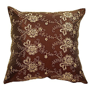 Violet Linen Swiss Vintage Flowers Pattern Silky Polyester Lace Embroidered, Decorative Accent Throw Pillow, 18" X 18", Brown