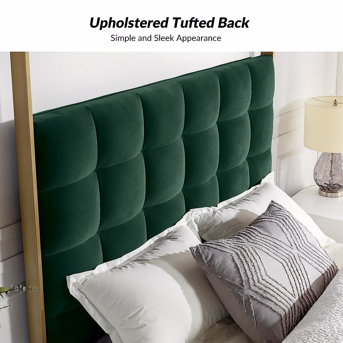 HULALA HOME Modern Upholstered Canopy Queen Size Bed,Champagne Metal Bed Frame with Upholstered Headboard,Noise-Free,Green